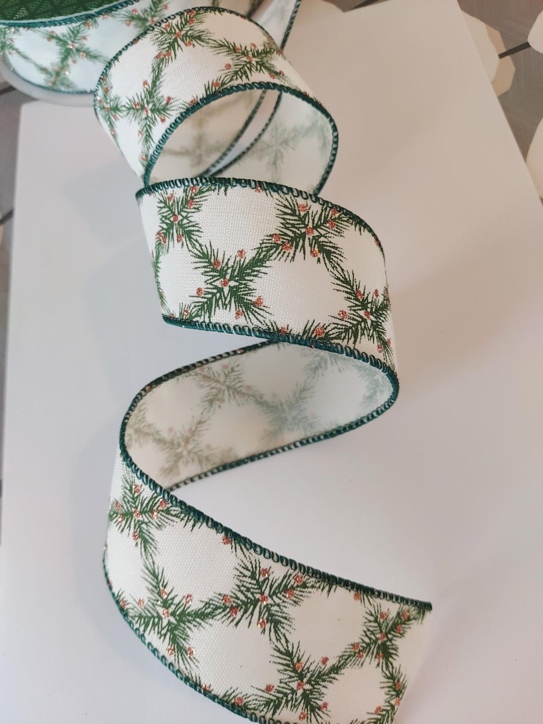 50 Yard Christmas Ribbon: White & Gold Pine Tree Wire Edged Decoration ...