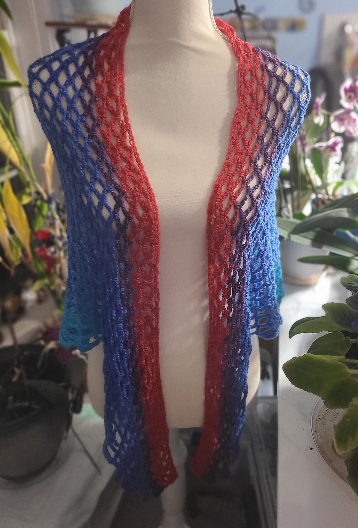 Shawl; Handmade Crocheted: Blues With Red Border, V-shape Style ...