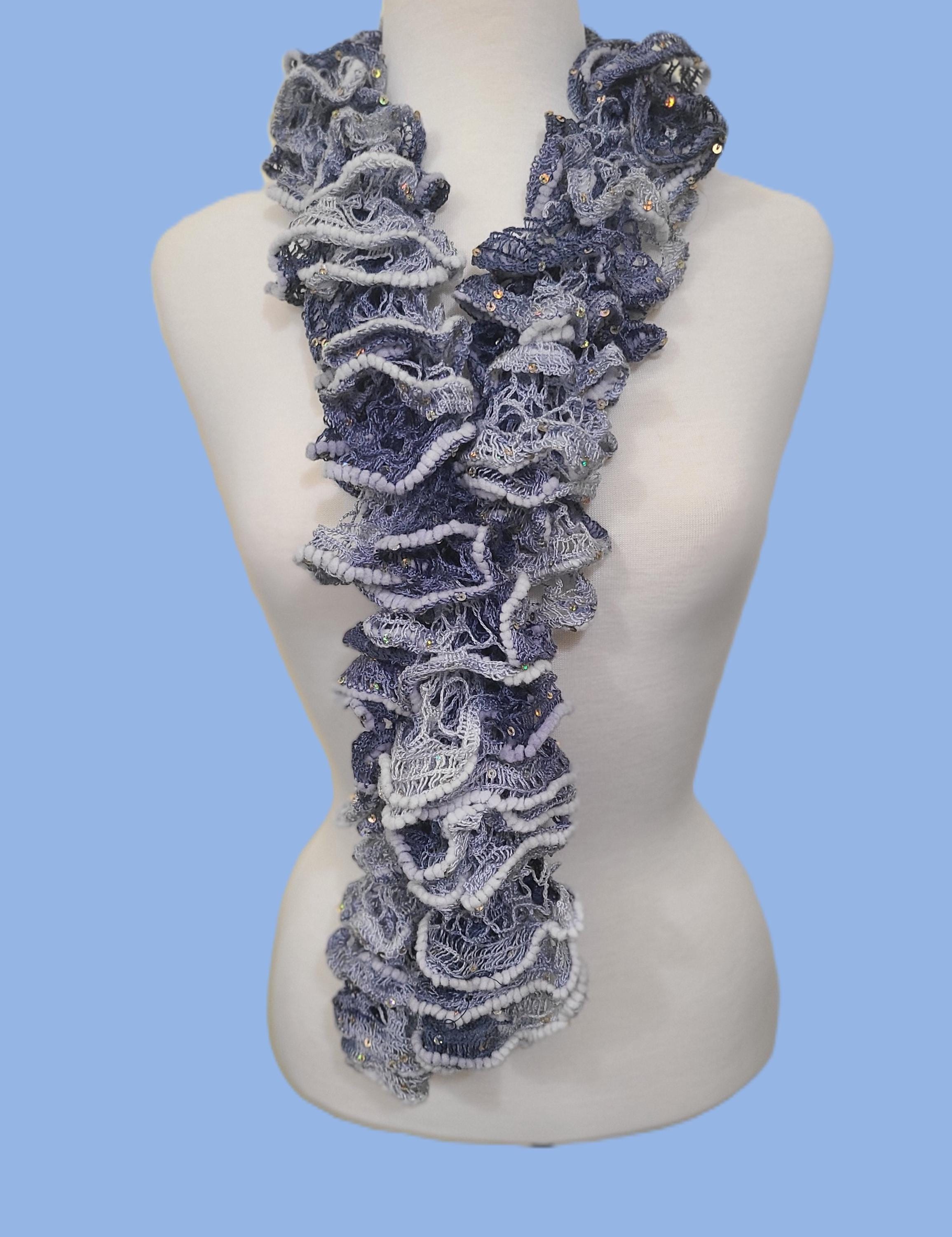 Scarf Ruffled; Hand Knitted; Light and Dark Blue With Sparkle ...