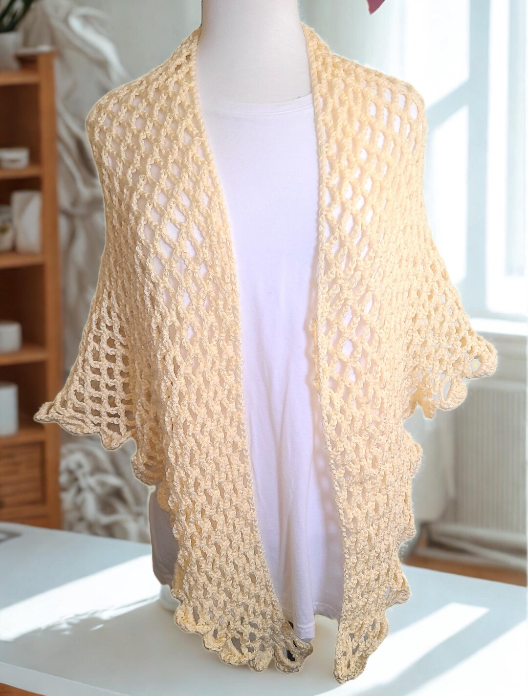 Shawl; Yellow, Handmade, Crocheted , V-shape Style; Accessory; Gift for ...