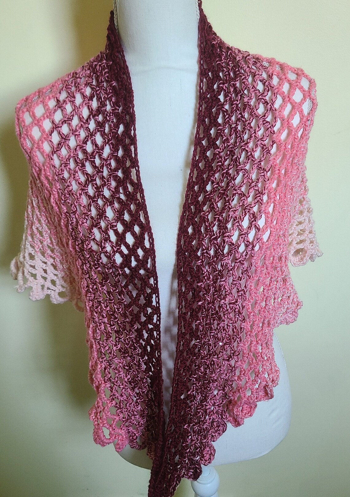 Shawl. red Ice Shawl. Reds and Pinks Shawl With Sequins Hand Crocheted ...