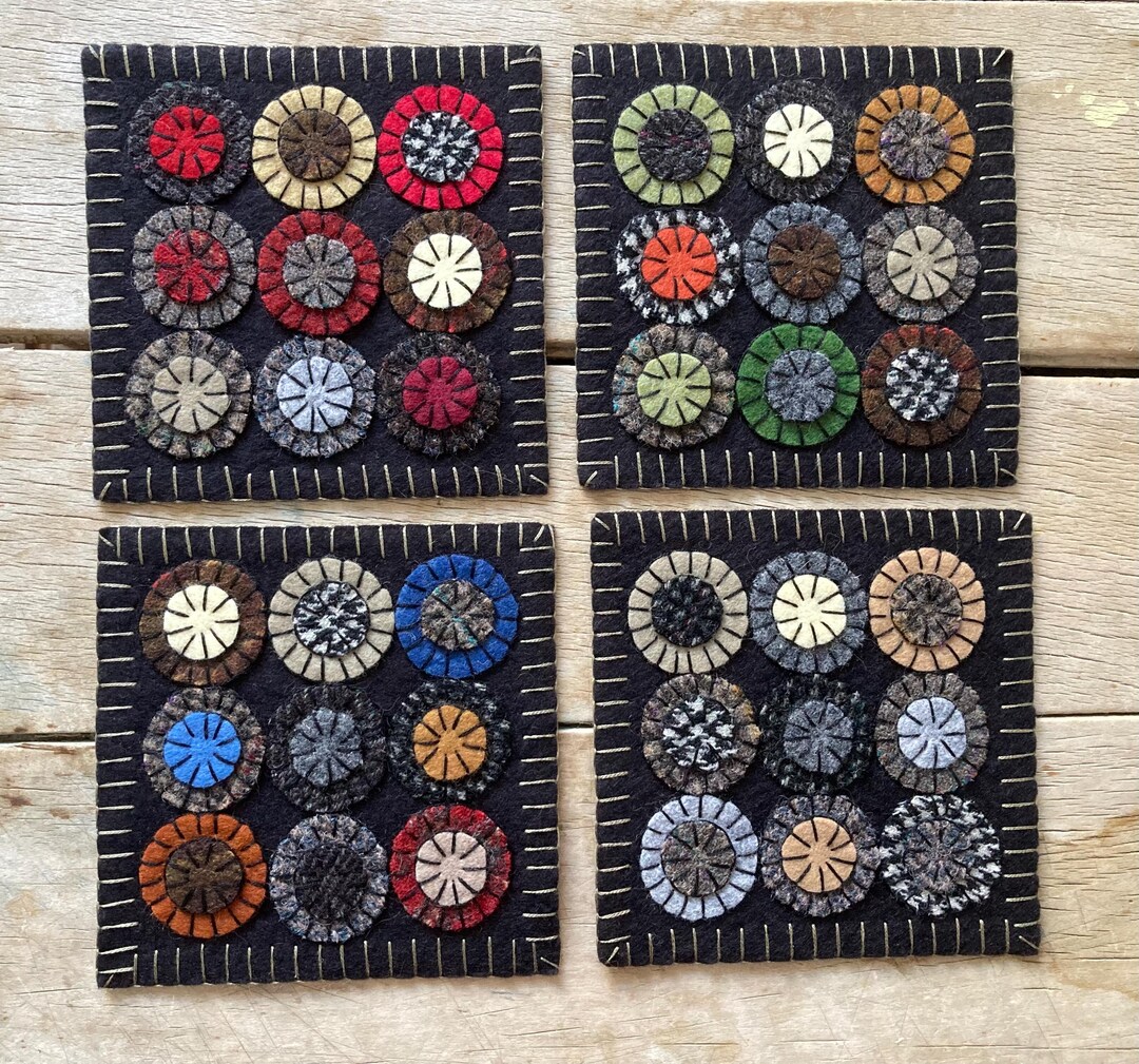Set of 4 Handmade Coasters Mats Mug Rugs Finished Wool Appliqué Penny ...