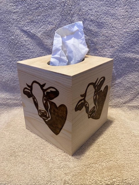 Cow Wood Burned Tissue Box Holder, Cow Wood Tissue Box Cover, Cow ...