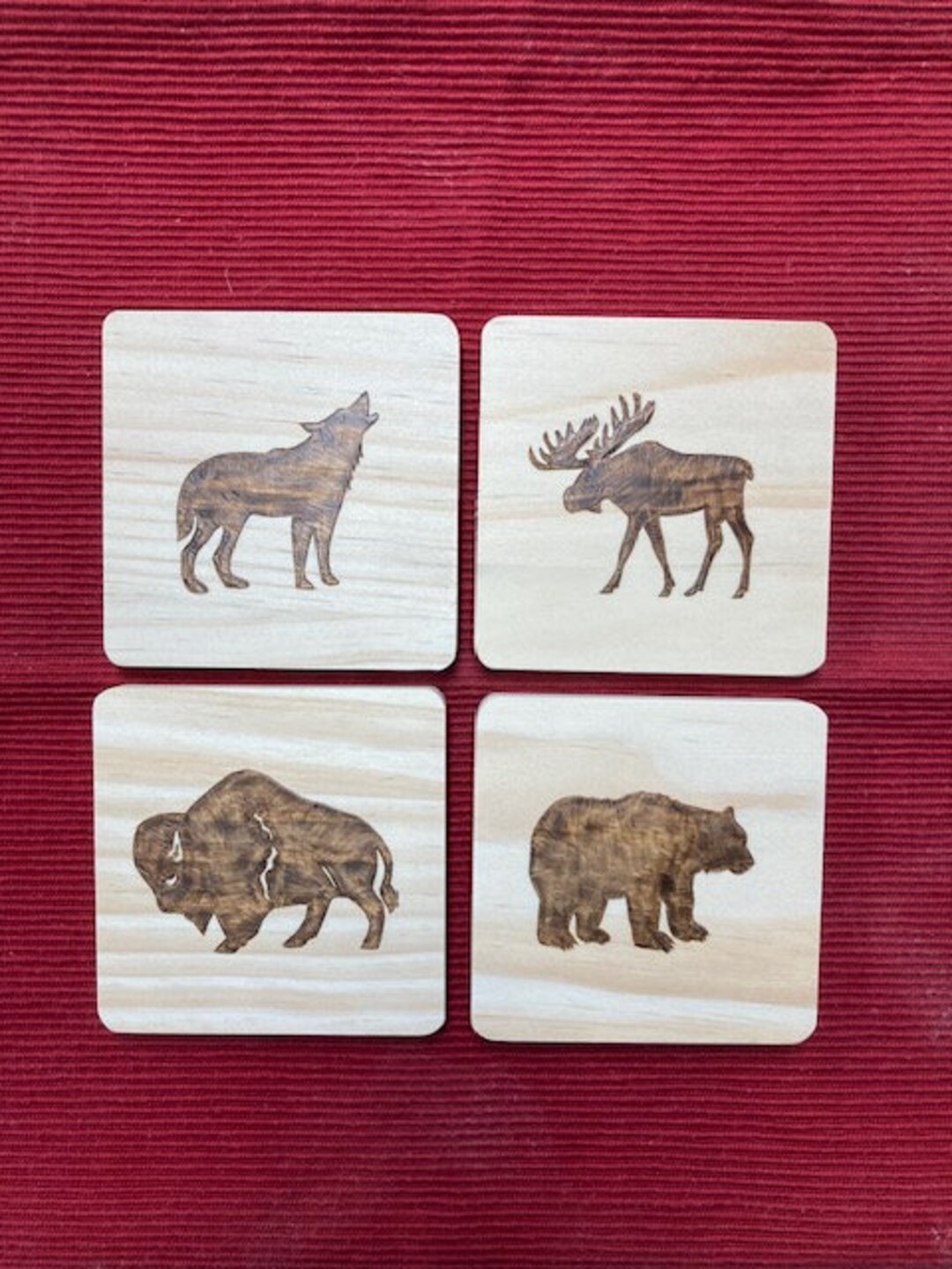 Wildlife Wood Burned Coaster Set, Forest Animals Wood Bar Coasters ...
