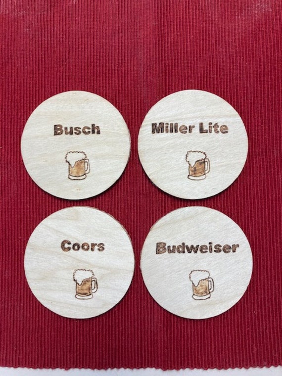 Beer Wood Burned Coaster Set Beer Brands Bar Coaster Set | Etsy