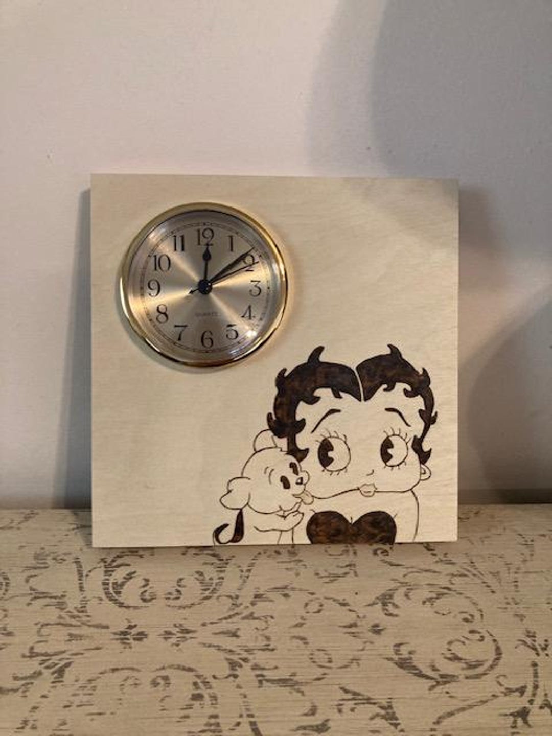 Betty Boop Wood Burned Clock, Betty Boop and Pudgy Table Clock, Betty ...