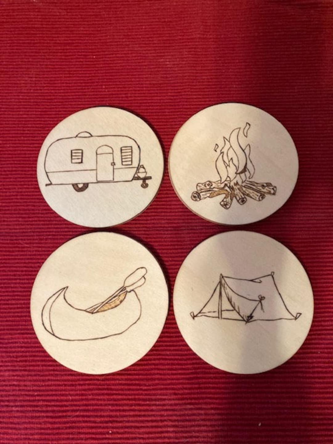 Camping Wooden Coasters Set, Wood Burned Camping Coasters, Bar Ware ...