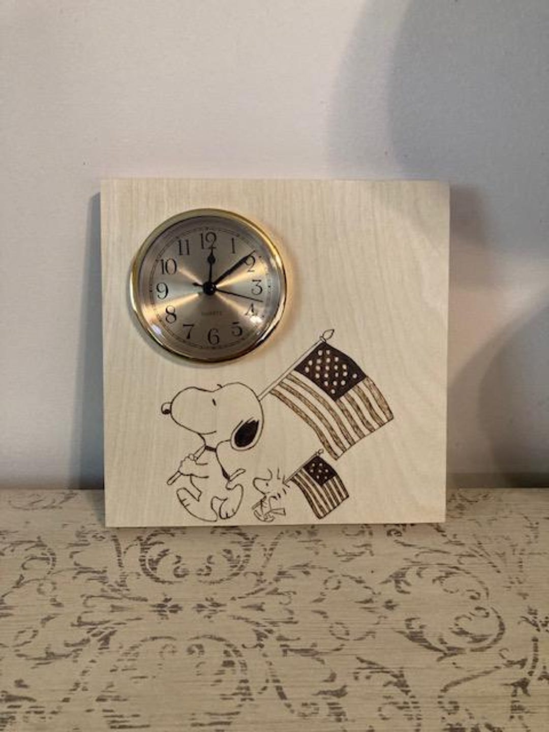 Snoopy Wood Burned Clock, Snoopy Patriotic Table Clock, Snoopy Wood ...