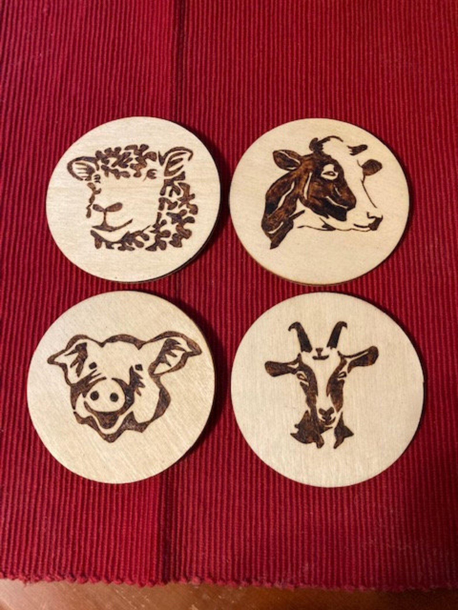 Farm Animal Wood Coasters, Farm Animal Wood Burned Coasters, Cow Pig ...