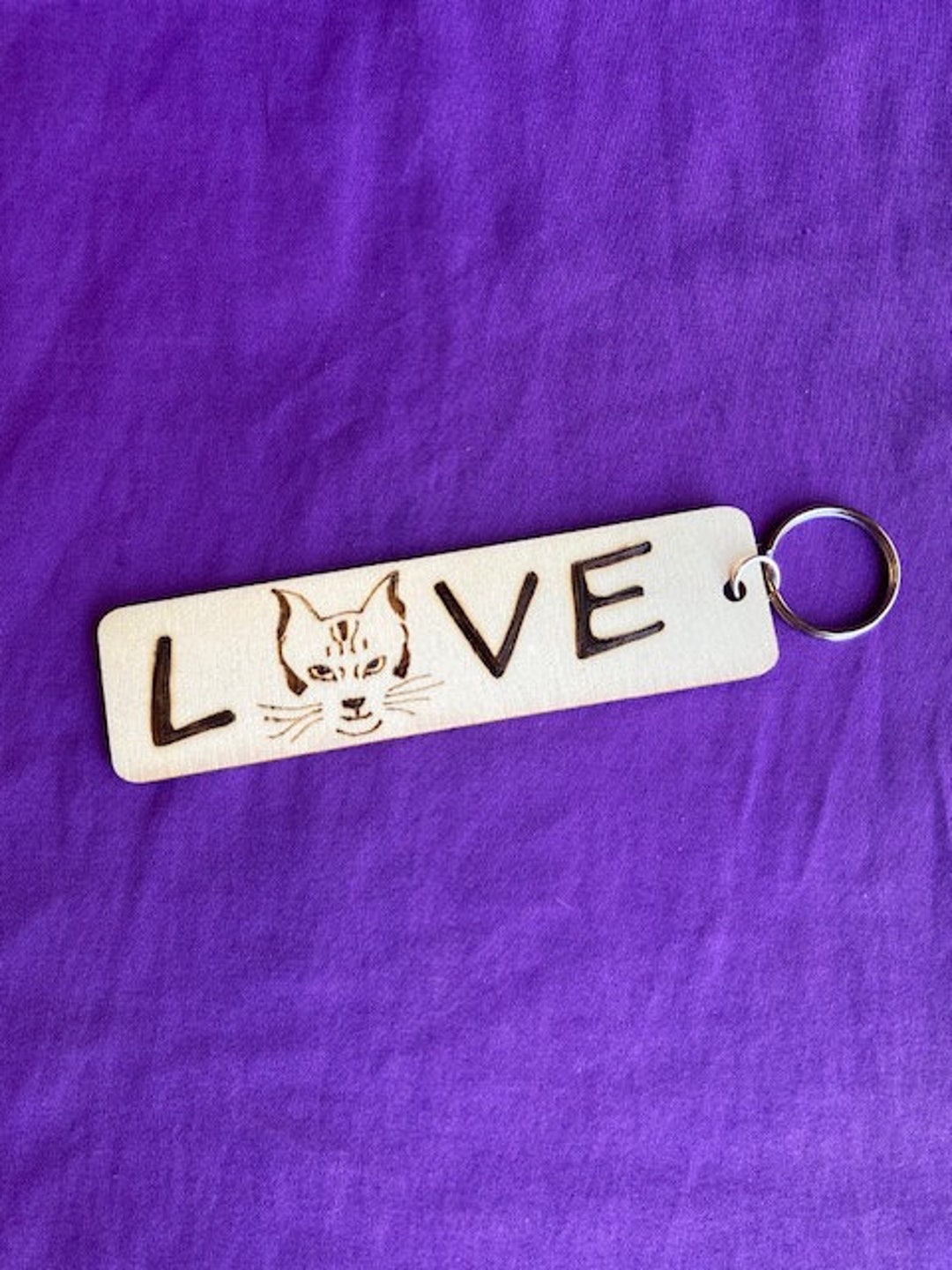 Wood Burned Love Cat Keychain, Large Wood Cat Keychain, Wood Burn ...
