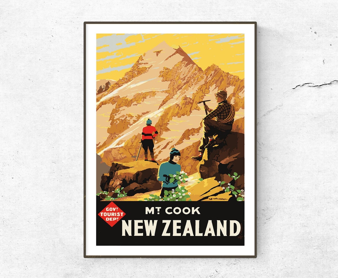 Restored Vintage Mount Cook Poster / Print / New Zealand Travel Print ...