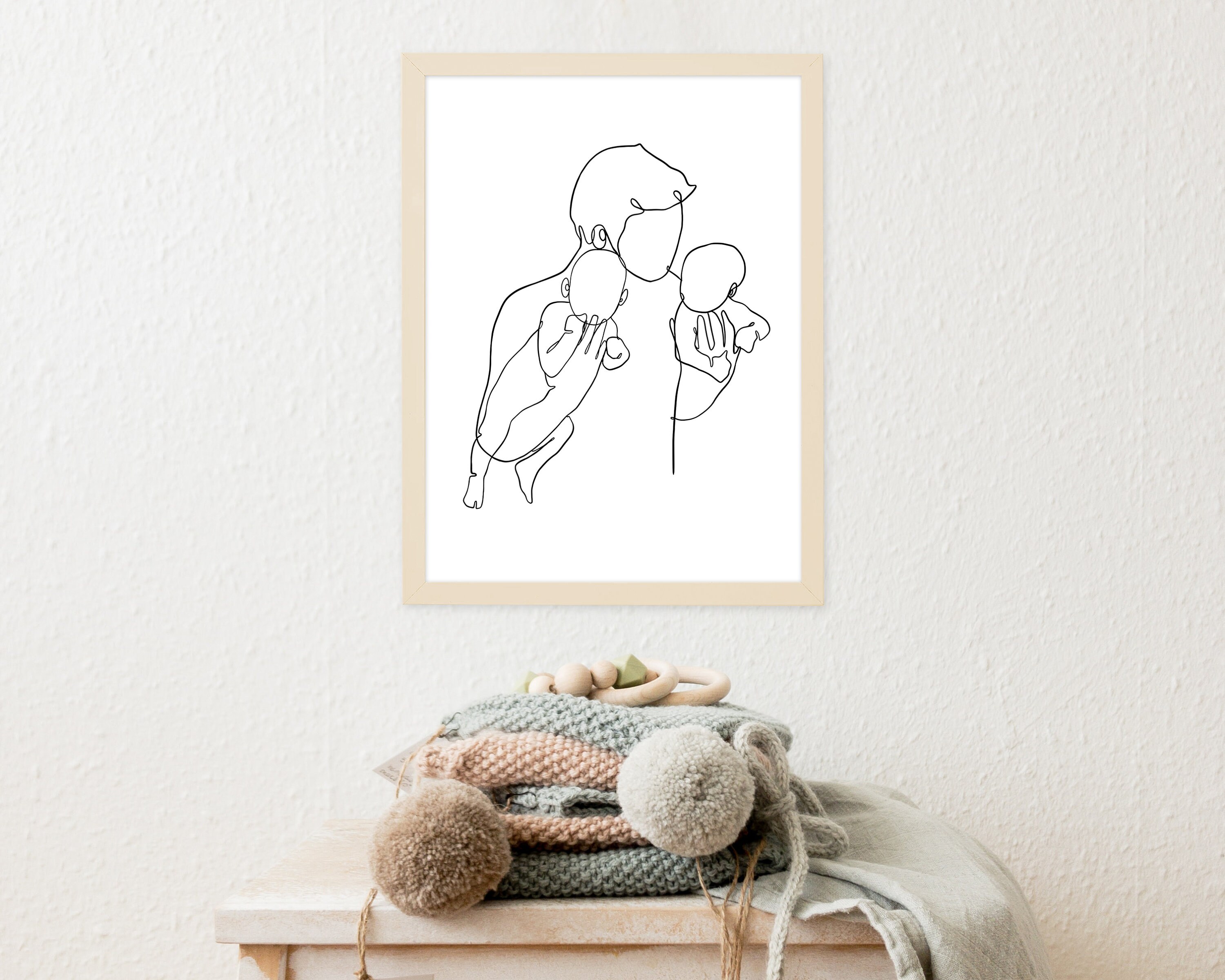Twins Nursery Art Print, Printable Lineart Wallart, Father With Twins ...