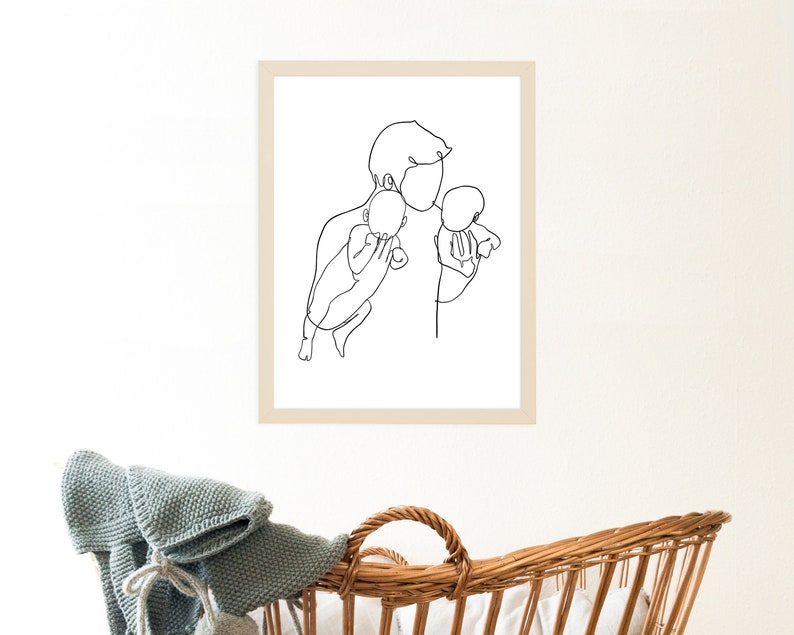 Twins Nursery Art Print, Printable Lineart Wallart, Father With Twins ...