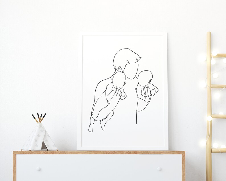 Twins Nursery Art Print, Printable Lineart Wallart, Father With Twins ...