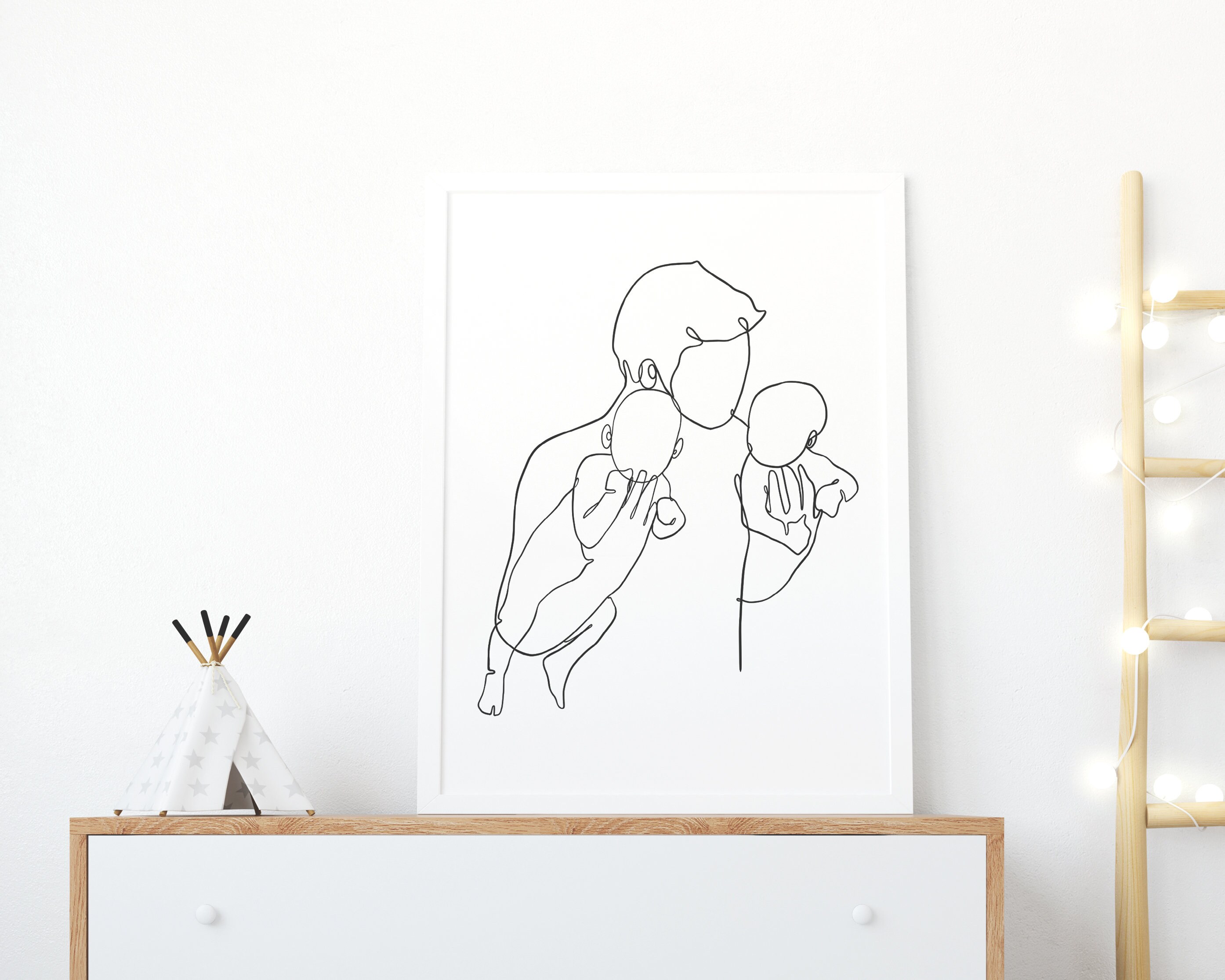 Twins Nursery Art Print, Printable Lineart Wallart, Father With Twins ...