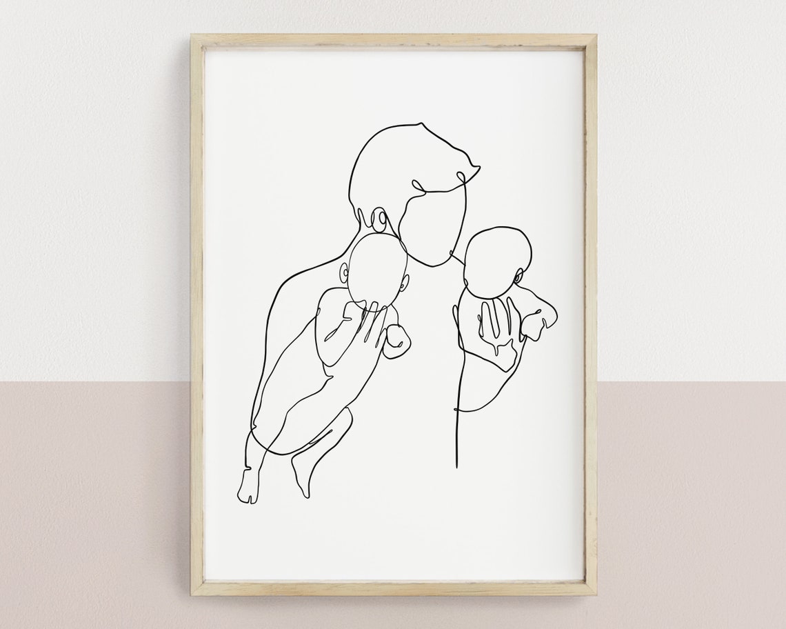 Twins Nursery Art Print, Printable Lineart Wallart, Father With Twins ...