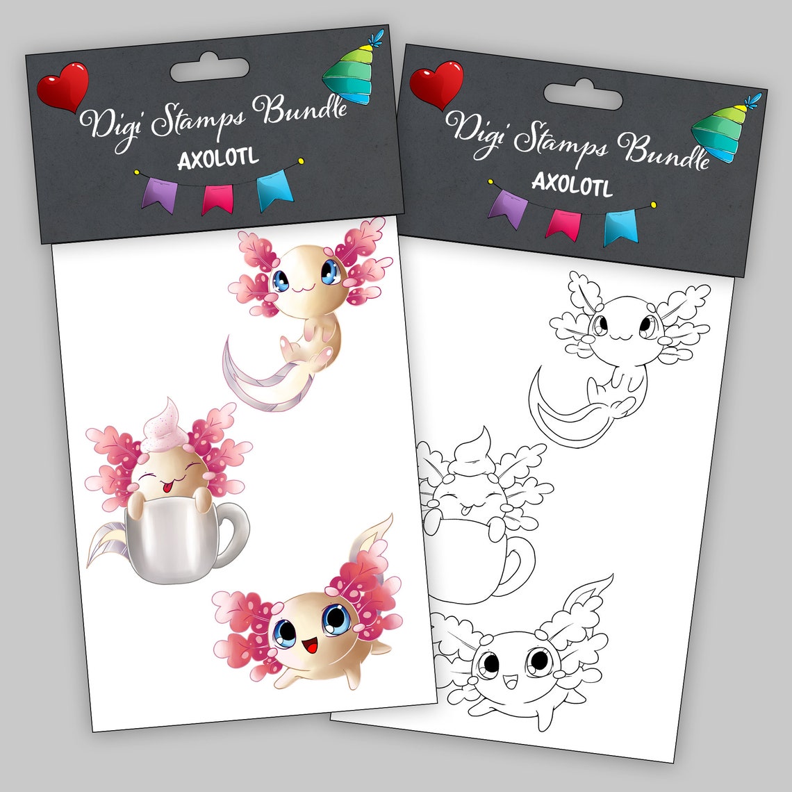 Digi Stamp Set Axolotl in PNG Outlines Farbe Digi Stamps Digitaler ...