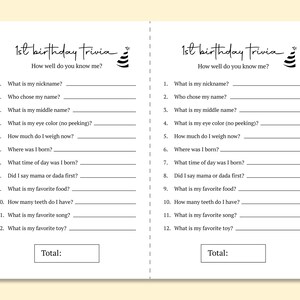 First Birthday Trivia Game Party Game First Birthday Game for Adults ...