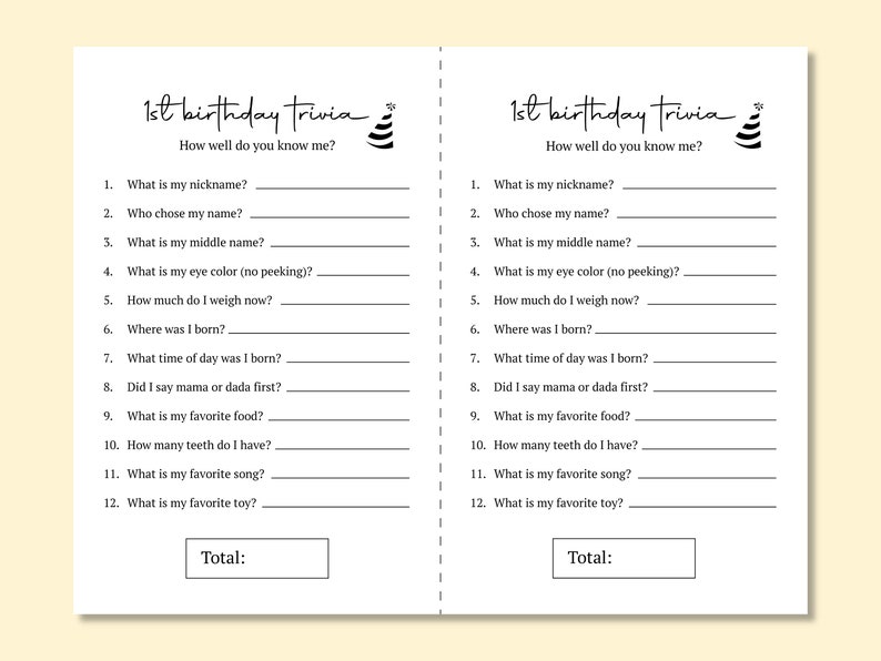 First Birthday Trivia Game Party Game First Birthday Game for Adults ...