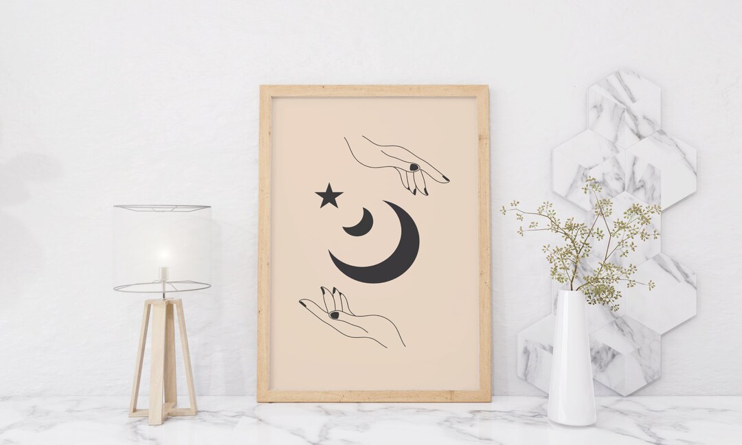 Hand and Moon Star Illustration Art Print, Single Line Printable Wall ...