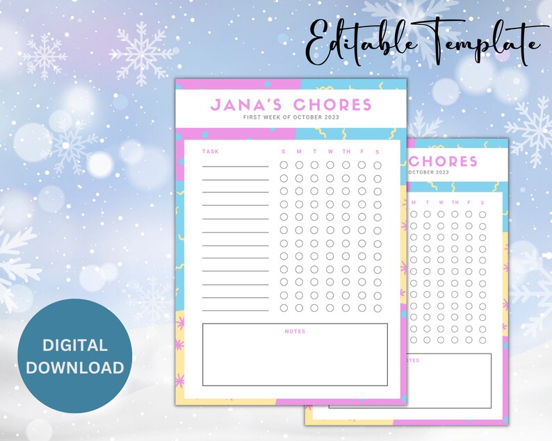 Editable Pastel Pattern Chore Chart for Kids, Editable Chore Chart ...