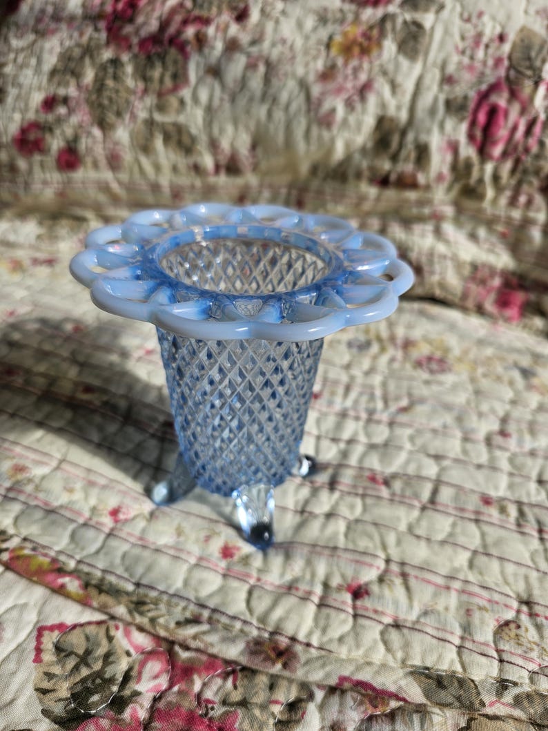 Vintage Imperial Glass Katy Blue Lace Edge Footed Diamond Optic Vase ...