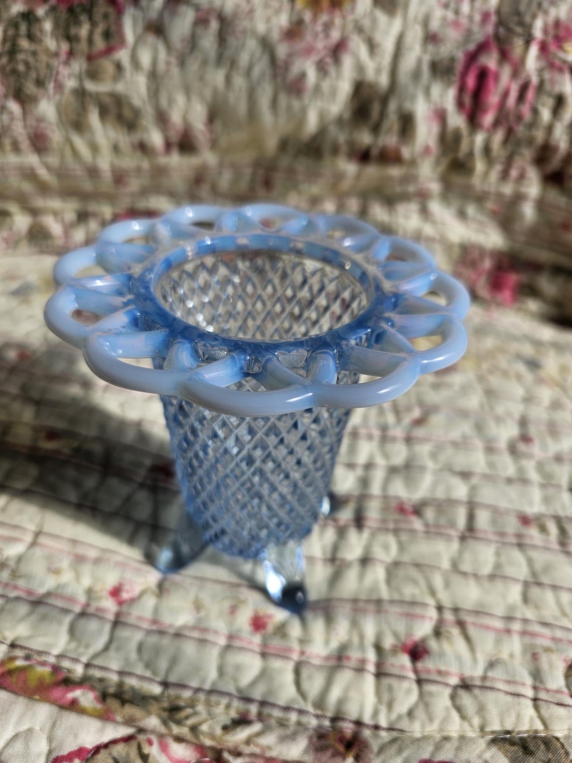 Vintage Imperial Glass Katy Blue Lace Edge Footed Diamond Optic Vase ...