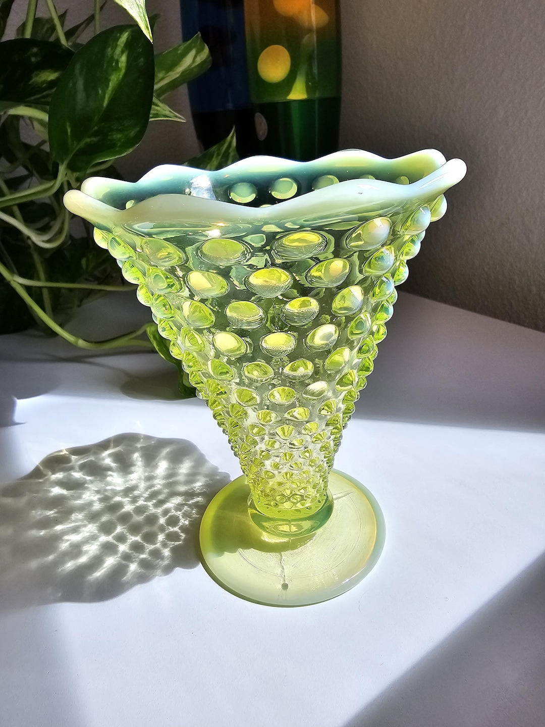 Vintage 1940s Fenton Topaz Opalescent Hobnail Glass Vase 5.5"- Uranium ...