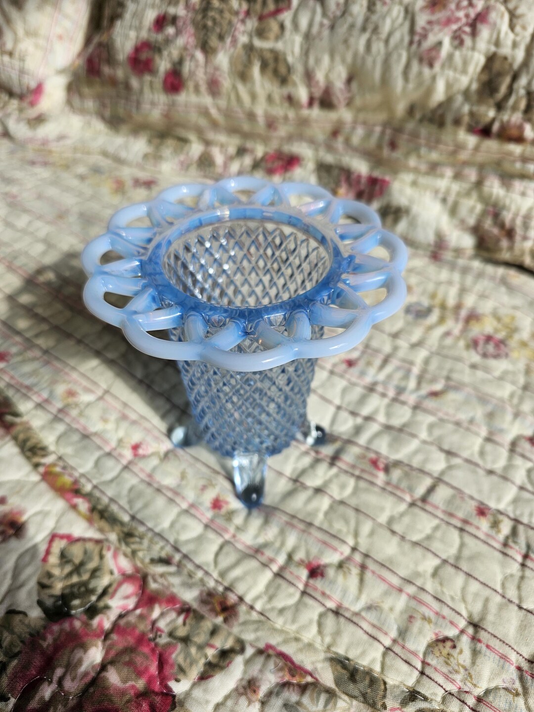 Vintage Imperial Glass Katy Blue Lace Edge Footed Diamond Optic Vase ...