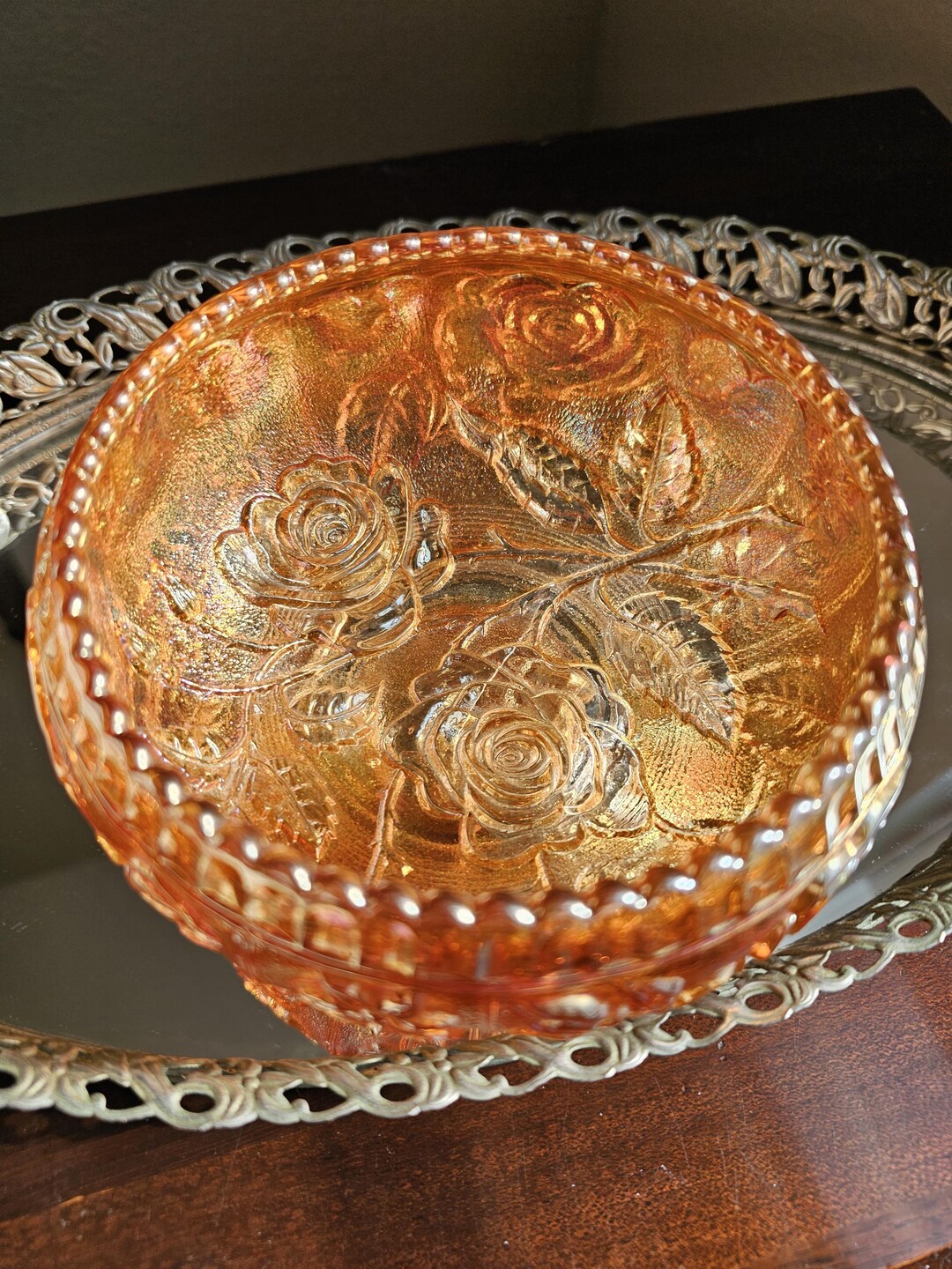 Imperial Open Rose Marigold Carnival Glass Bowl | Vintage Carnival ...