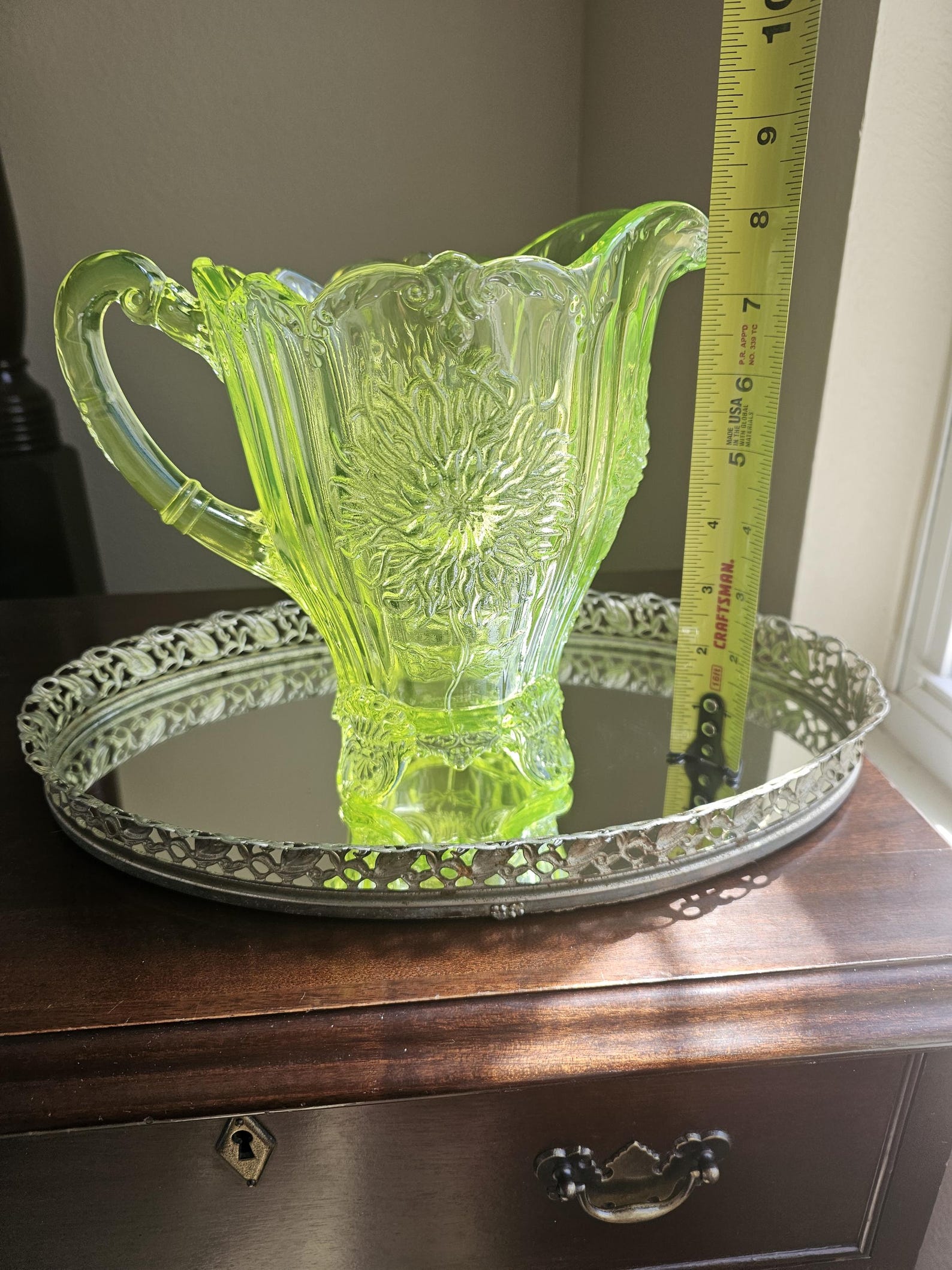 Vintage Mosser Dahlia Uranium Glass Pitcher Set With 6 Glasses ...