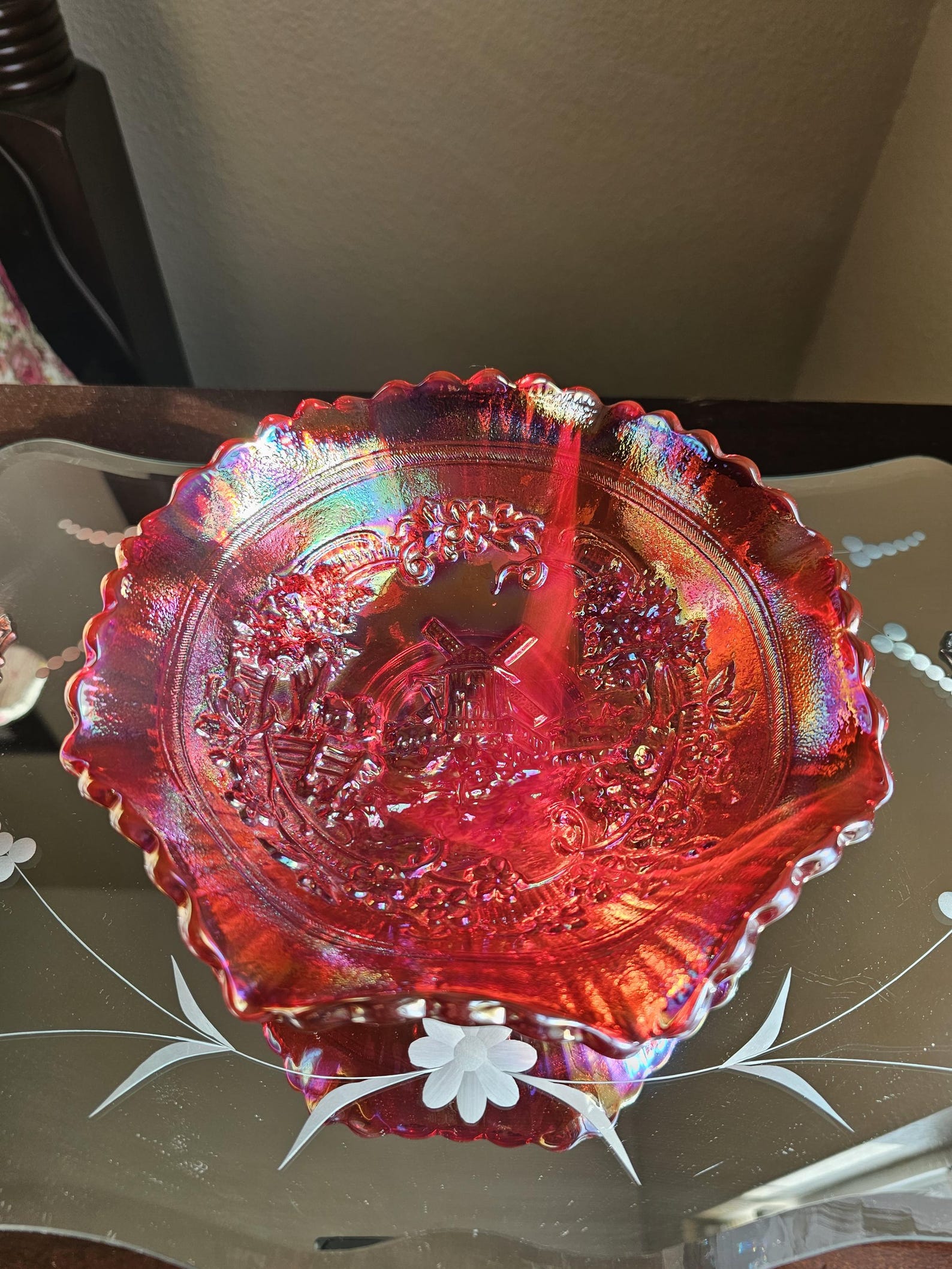 Vintage Le Smith Red Carnival Glass Dutch Windmill Bowl Vintage Glass Red Carnival Glass