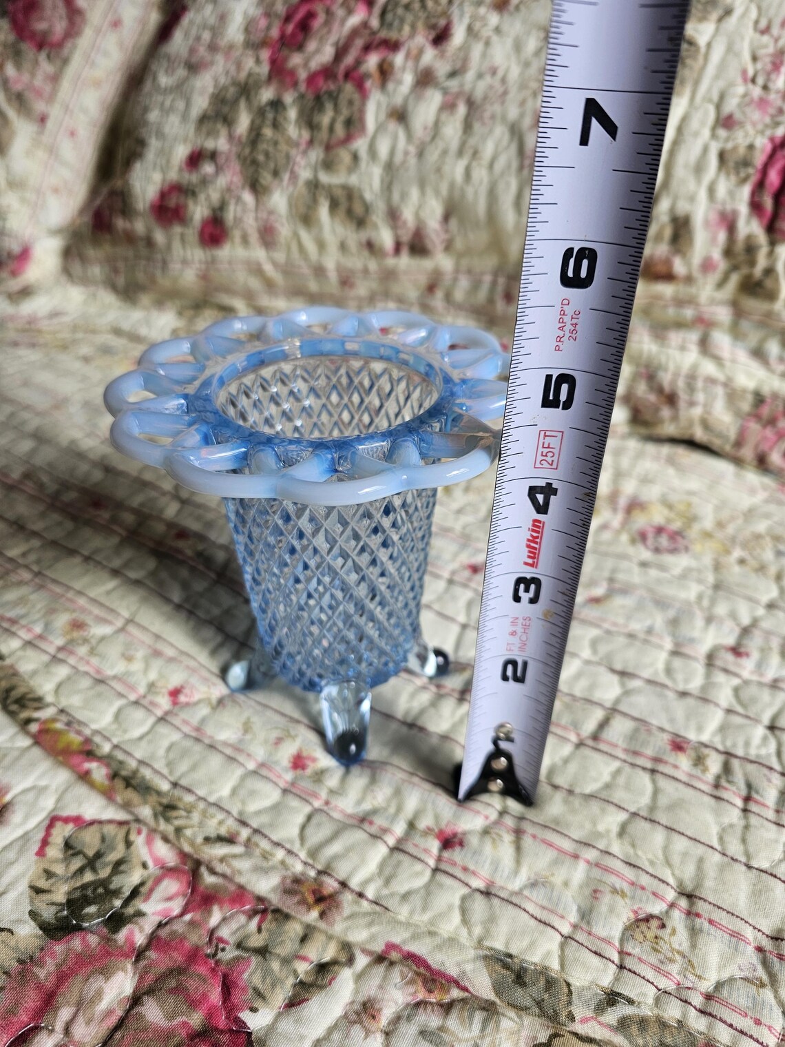 Vintage Imperial Glass Katy Blue Lace Edge Footed Diamond Optic Vase ...