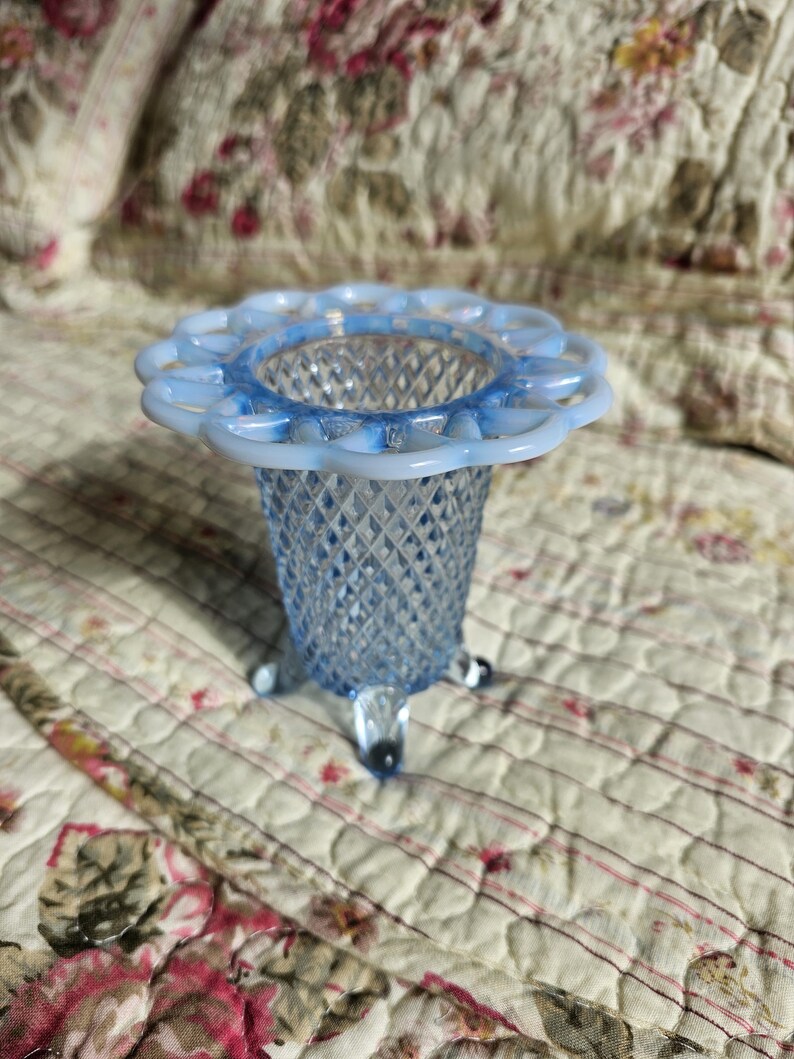 Vintage Imperial Glass Katy Blue Lace Edge Footed Diamond Optic Vase ...