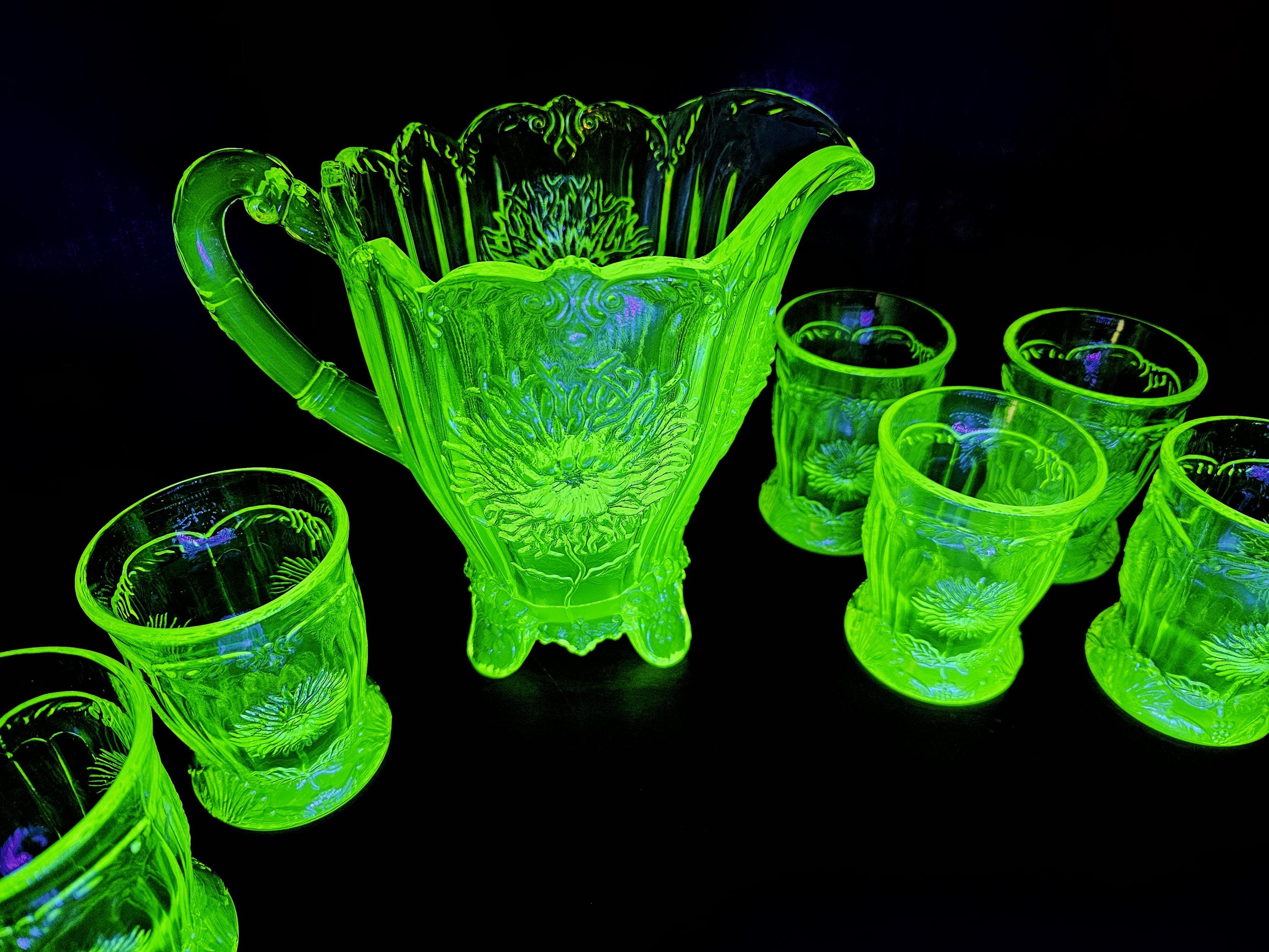 Vintage Mosser Dahlia Uranium Glass Pitcher Set With 6 Glasses ...