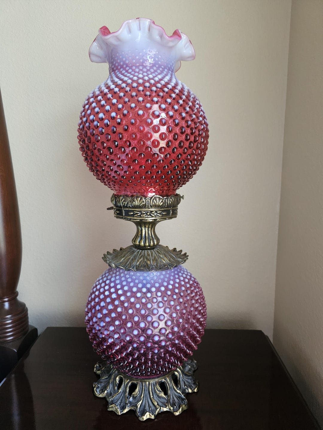 Vintage Fenton Cranberry Opalescent Hobnail GWTW Lamp | Fenton Lamps ...