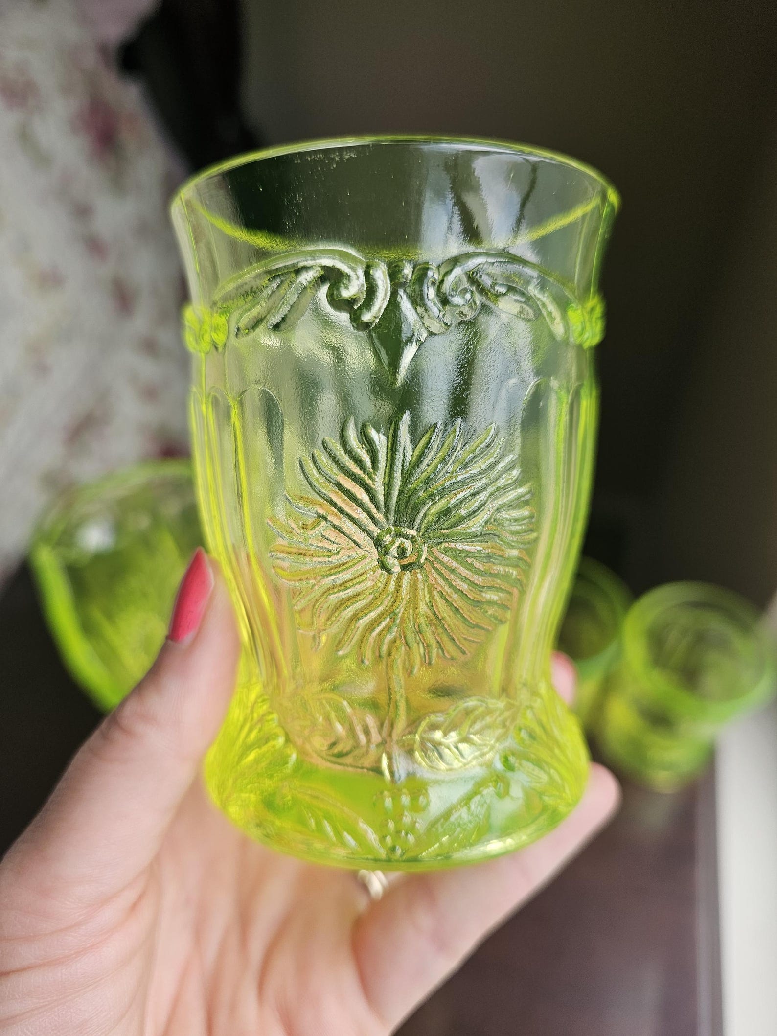 Vintage Mosser Dahlia Uranium Glass Pitcher Set With 6 Glasses ...