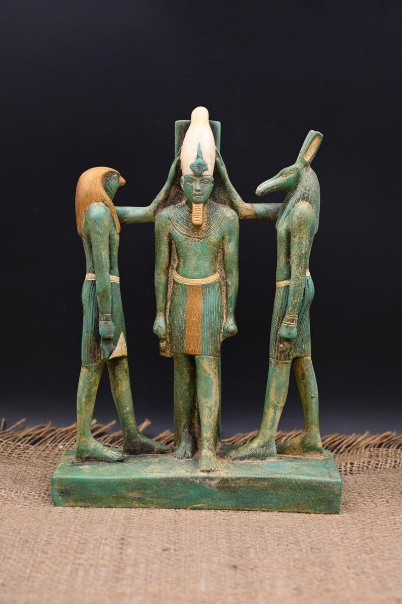 Hand-carved Egyptian Trinity Statue: King Ramesses III, Horus & Set ...