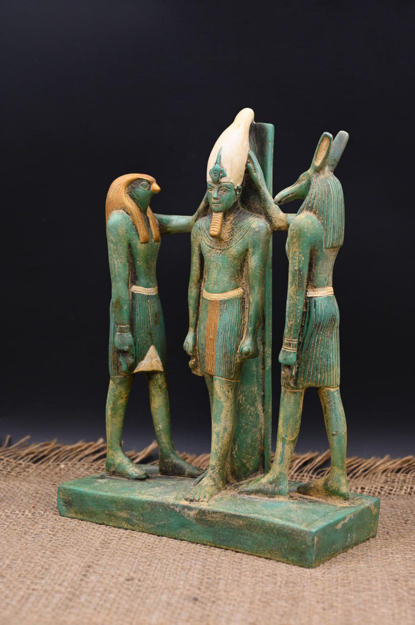 Hand-carved Egyptian Trinity Statue: King Ramesses III, Horus & Set ...