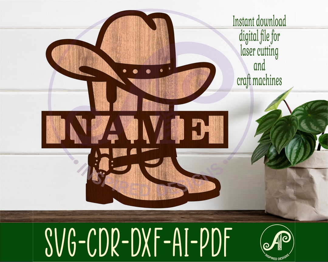 Cowboy Hat and Boot Name Sign SVG Laser Cut Template, Door or Wall ...