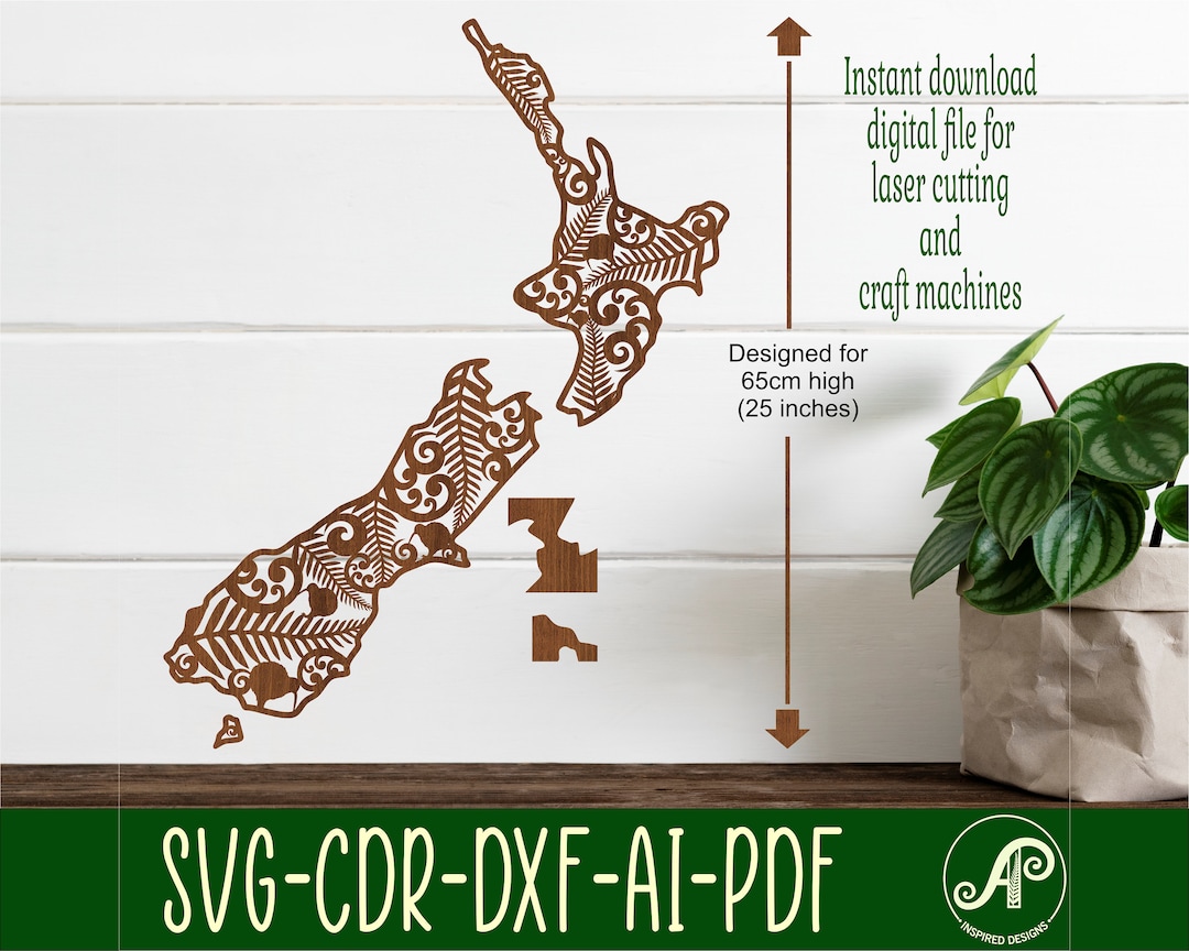 New Zealand Design SVG Laser Cut File, Wall Decor. Kiwiana Map, Fern ...