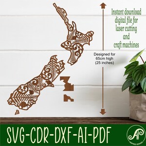 New Zealand Design SVG Laser Cut File, Wall Decor. Kiwiana Map, Fern ...