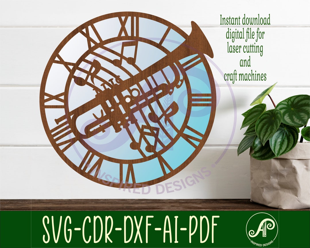 Trumpet Wall Clock Laser Cut Files, SVG File. Vector File Ai, Cdr, Dxf ...