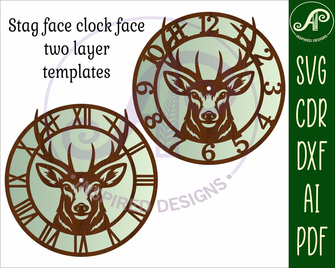 Stag Face Wall Clock Laser Cut Files, SVG File. Vector File Ai, Cdr ...