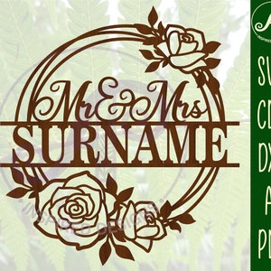 Rose Wreath Mr and Mrs Name Sign SVG: Laser Cut Wedding Decor (digital ...
