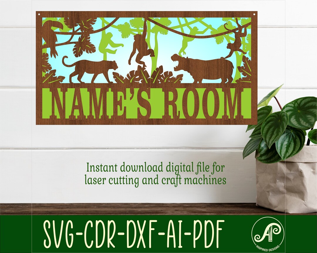 Jungle Scene 3 Layer Name Sign SVG, Animal Décor Themed Door or Wall ...