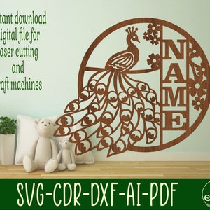 Peacock Name Sign, SVG, Bird and Blossom Themed Door or Wall Hanger ...