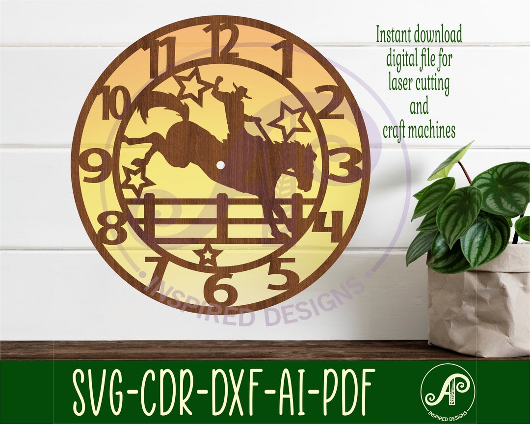 Rodeo Wall Clock Laser Cut Files, SVG File. Vector File Ai, Cdr, Dxf ...