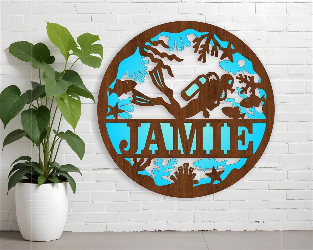 Scuba Diver Layered Name Sign: Ocean Wall Art, Laser Cut Template ...