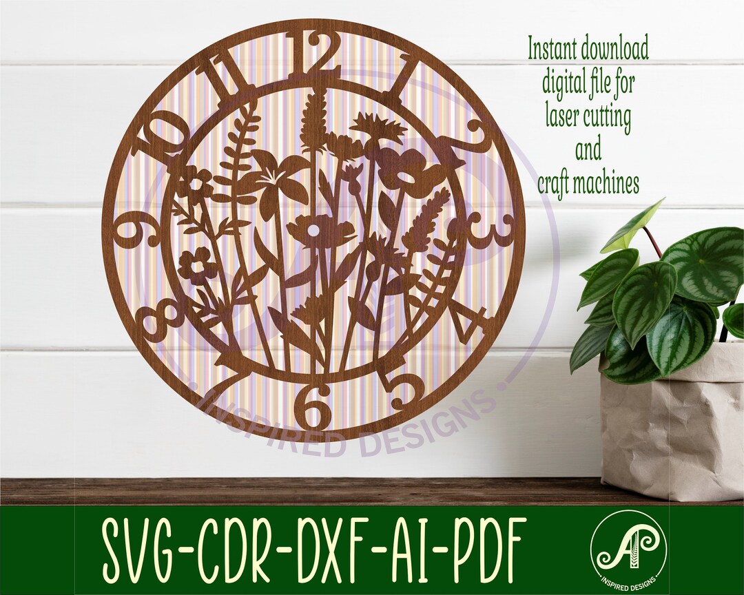 Wild Flower Wall Clock Laser Cut Files, SVG File. Vector File Ai, Cdr ...